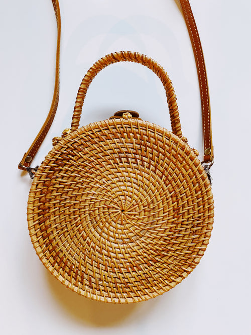 Round Rattan Crossbody Bag Purse